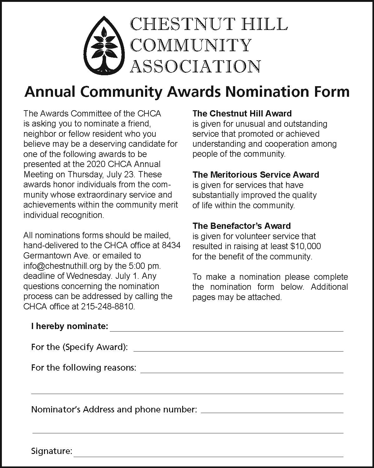 Annual Awards Nomination Form Chestnut Hill Community Association